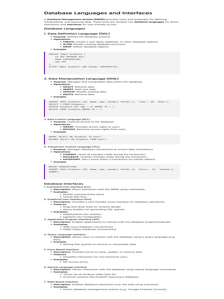 Database Languages and Interfaces | PDF | Databases | Information Technology Management
