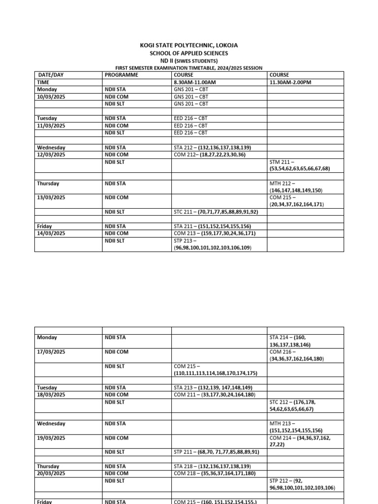Kogi State Polytechnic 1st Sem Exam Timetable 2025 | PDF | Educational ...