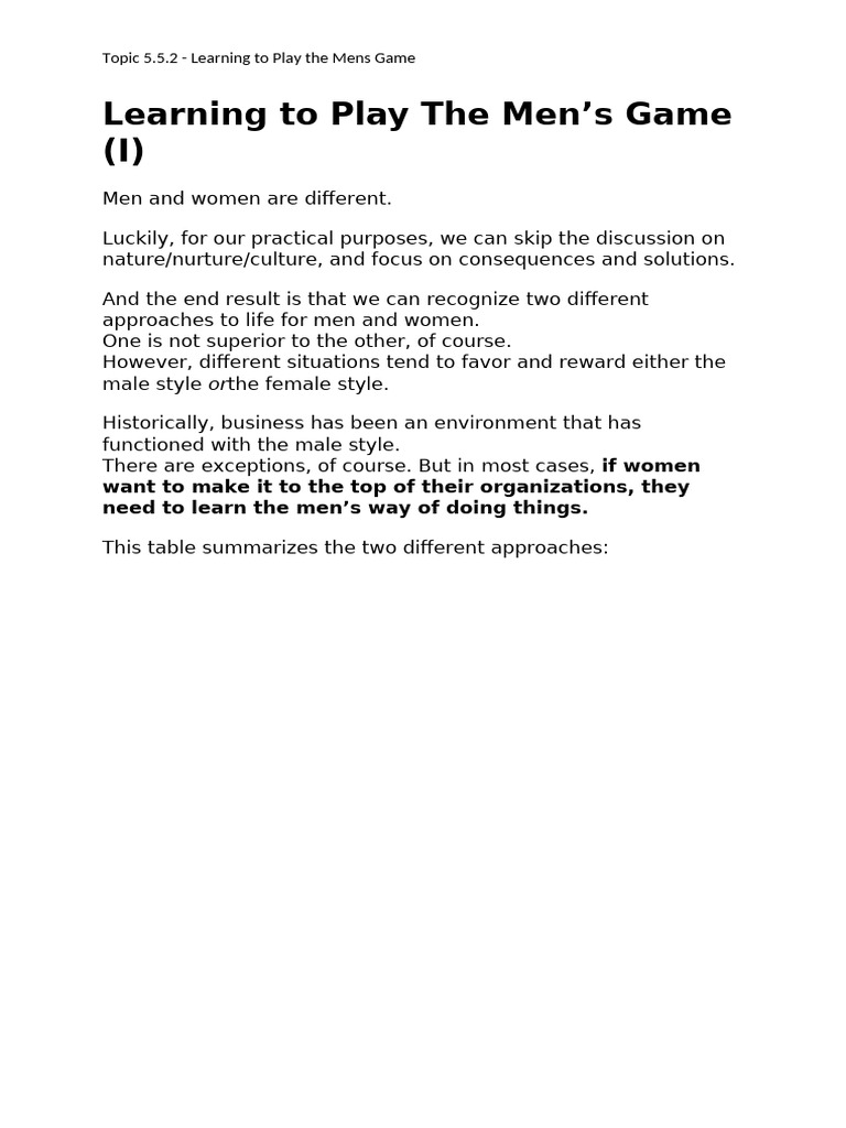 Topic 5.5.2 - Learning To Play The Mens Game | PDF | Learning | Mindset