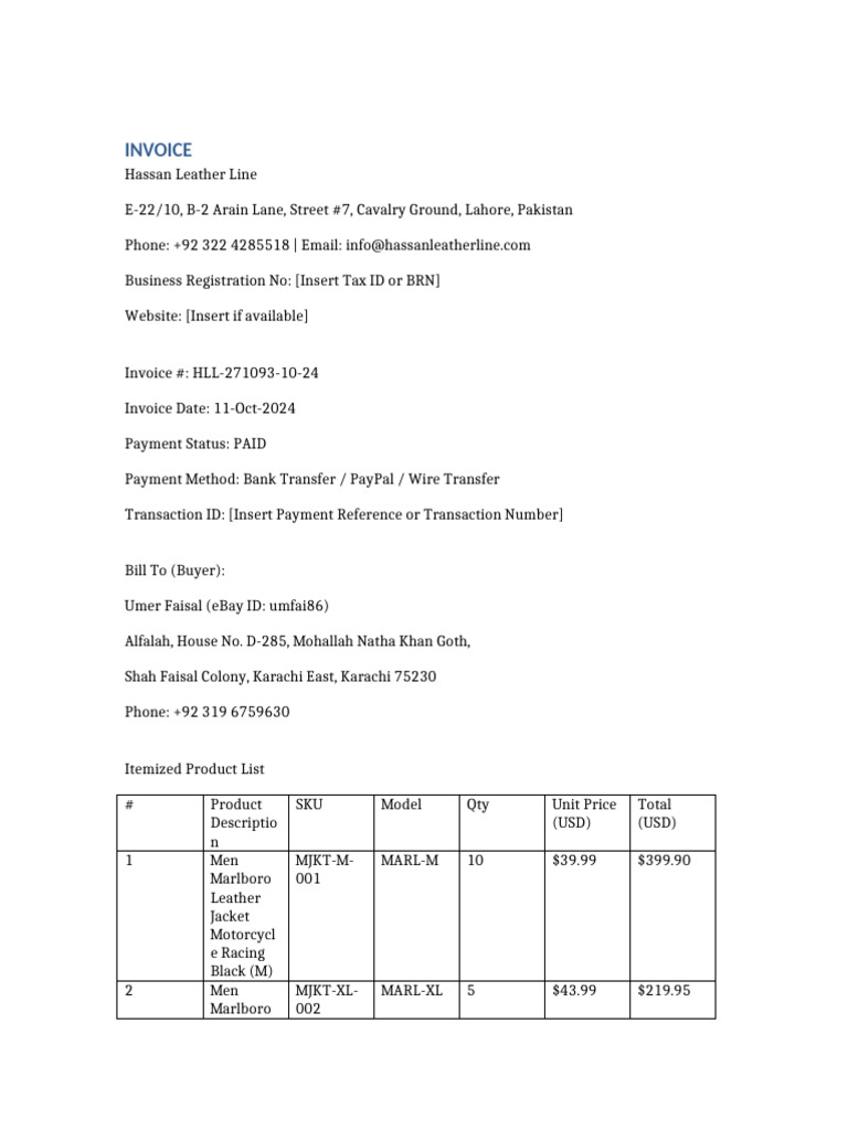 Ebay Compliant Invoice Hassan Leather | PDF
