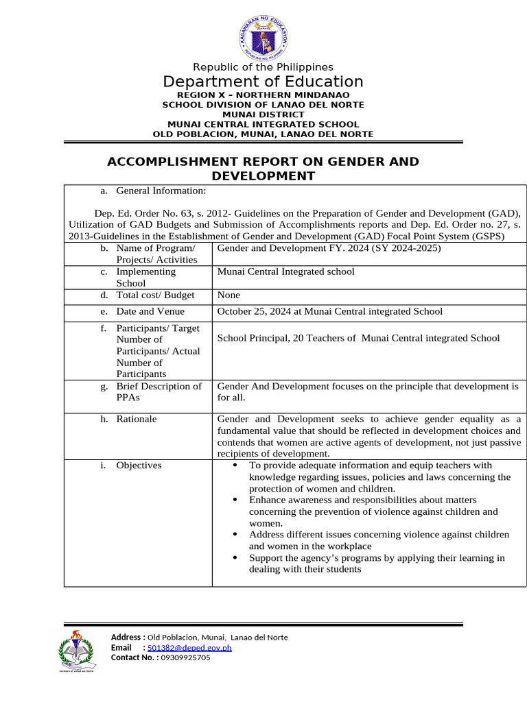 Accomplishment Report Gad | PDF | Gender And Development | Social Policy