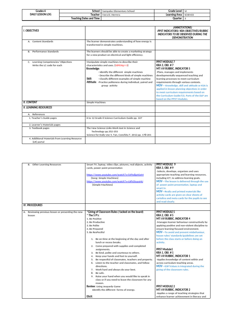 Cot DLP Science 6 Simple Machines With Annotations | PDF | Educational Assessment | Learning