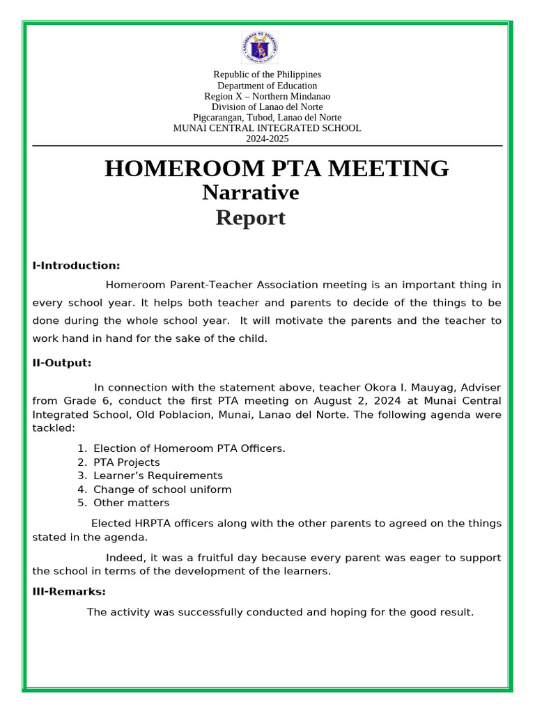Homeroom PTA Meeting Narrative Report | PDF