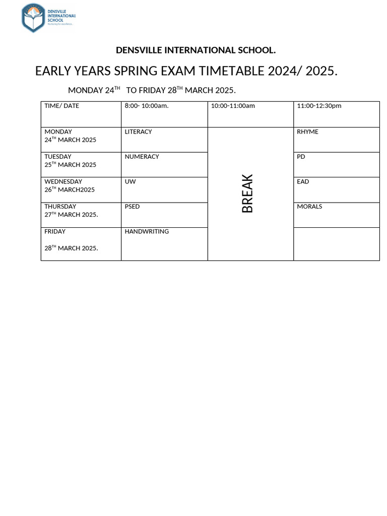 Densville School Early Years Exam Schedule | PDF