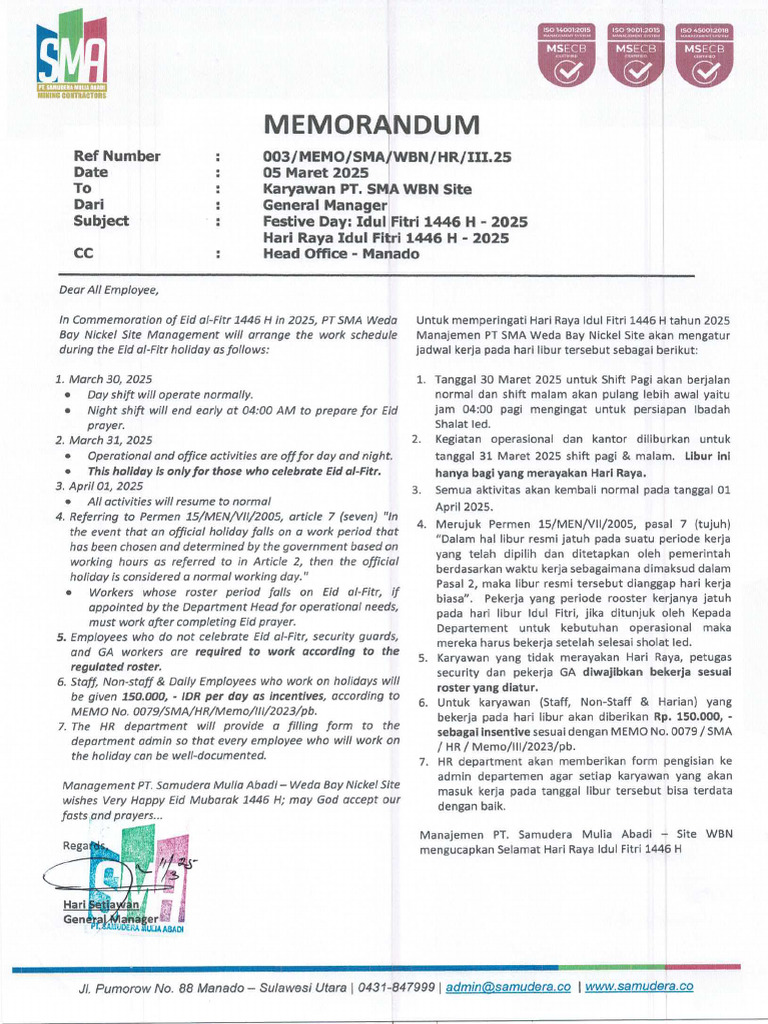 003 - Memorandum - Hari Raya Idul Fitri 1446 H 2025 | PDF