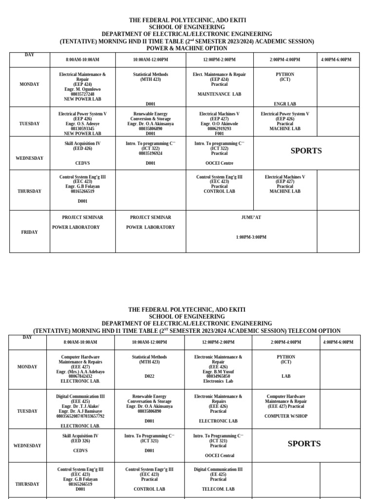 2ND SEMESTER TIM.TAB. MORNING 2024 - Copy | PDF | Electrical ...