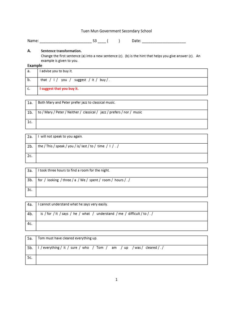 Sentence Transformation Exercises | PDF