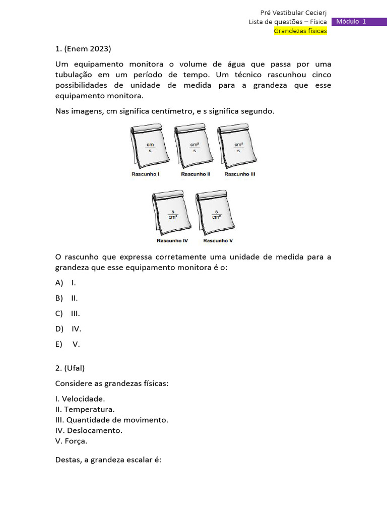 Lista de Exercícios - Módulo 1 | PDF | Sistema internacional de unidades | Avião
