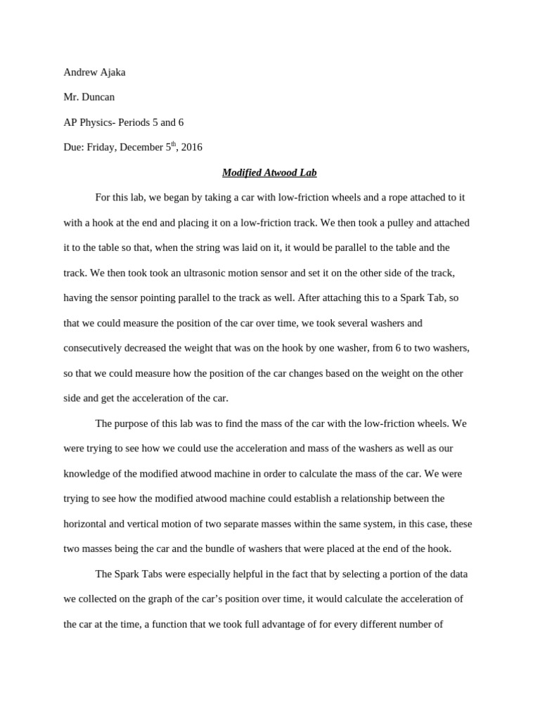 Modified Atwood Machine Lab Results | PDF | Force | Tension (Physics)