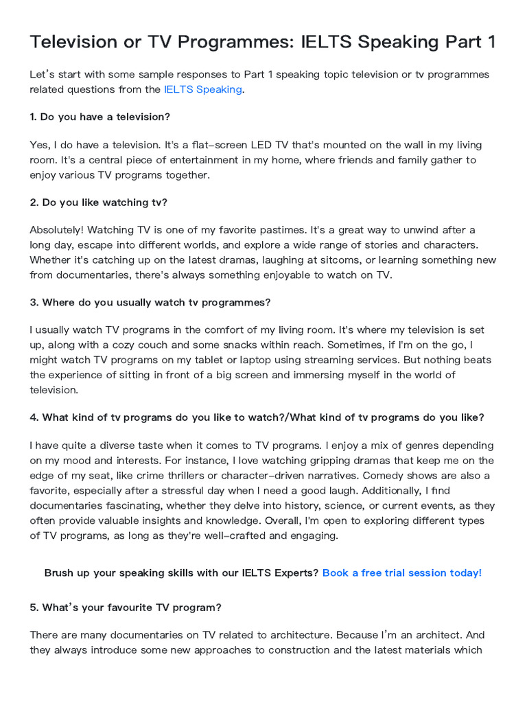 Television or TV Programmes - IELTS Speaking Part 1 Model Answers | PDF ...