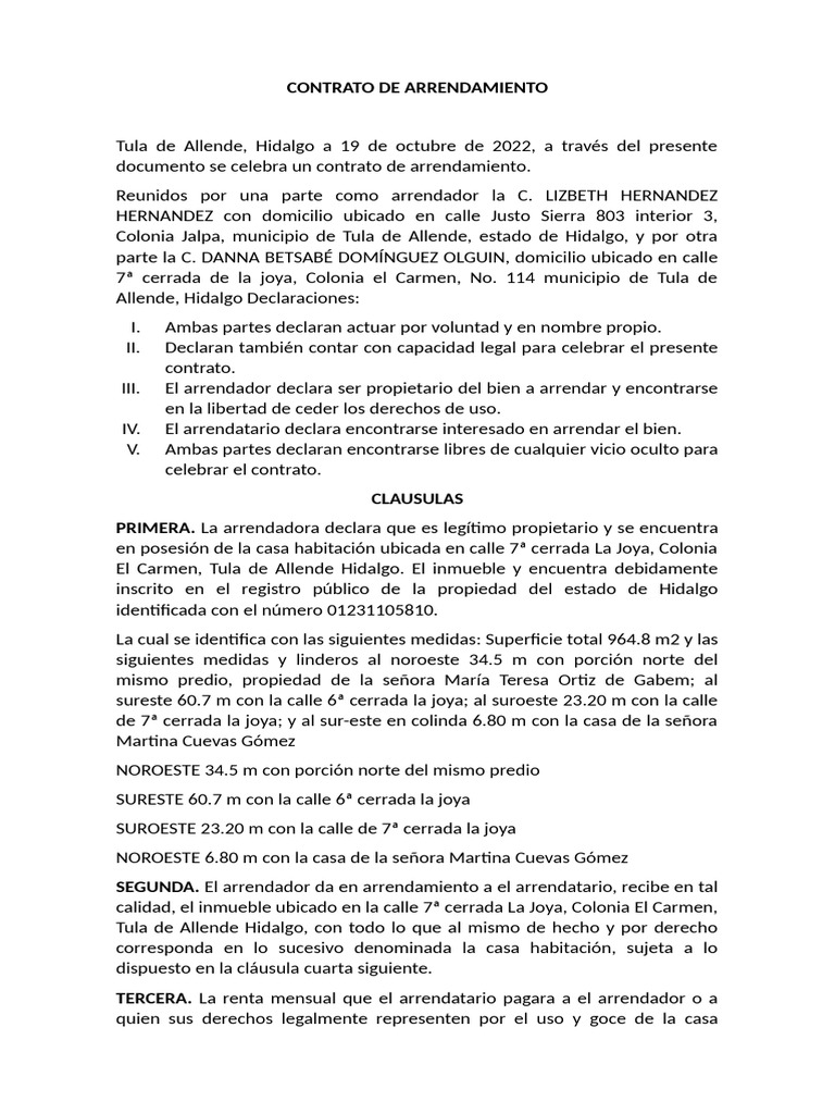 CONTRATO DE ARRENDAMIENTO Lizbeth | PDF