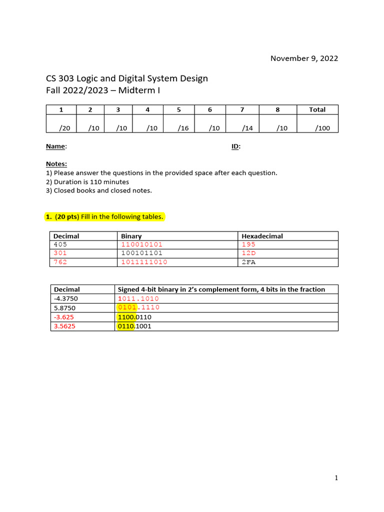 CS 303 Logic and Digital System Design Fall 2022/2023 - Midterm I | PDF | Decimal | Elementary ...