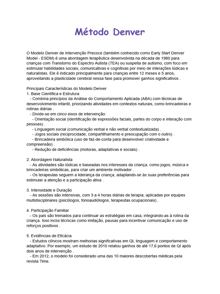 método denver | PDF | Autismo | Ciências comportamentais