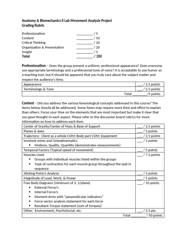 Week #14 Group Movement Analysis Rubric 2024 | PDF | Hypothesis | Force