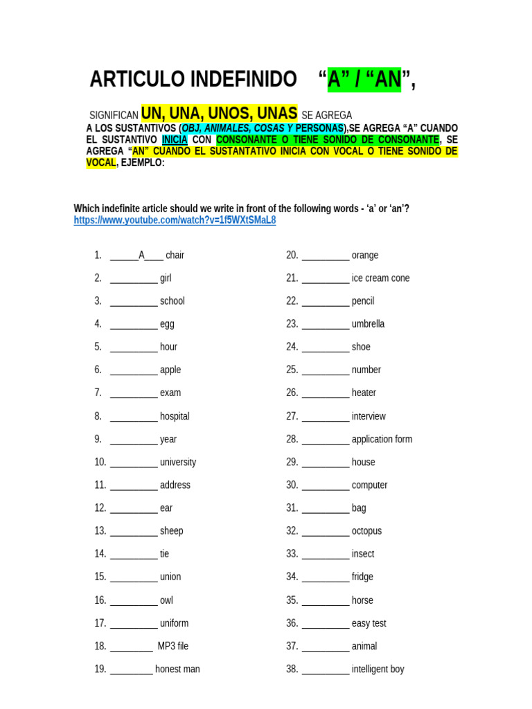 Indefinite Articles and Plural Nouns Guide | PDF