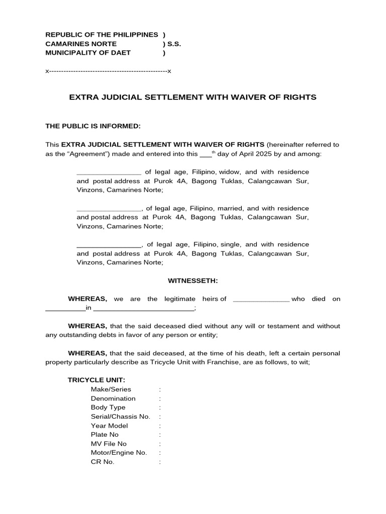 Extrajudicial Settlement with Waiver | PDF | Civil Law (Legal System ...