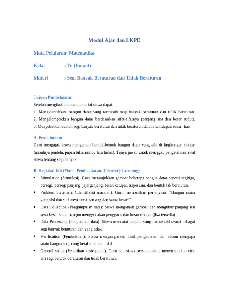 Modul Ajar Dan LKPD Segi Banyak Kelas 4 | PDF