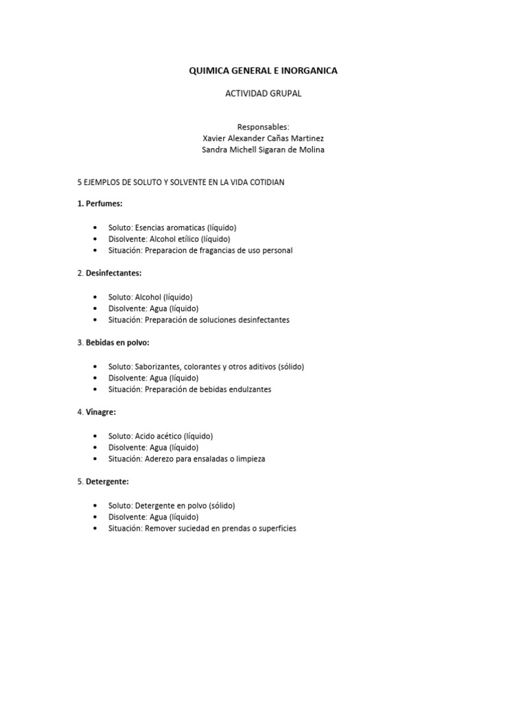 EJEMPLOS SOLUTO Y SOLVENTE | PDF