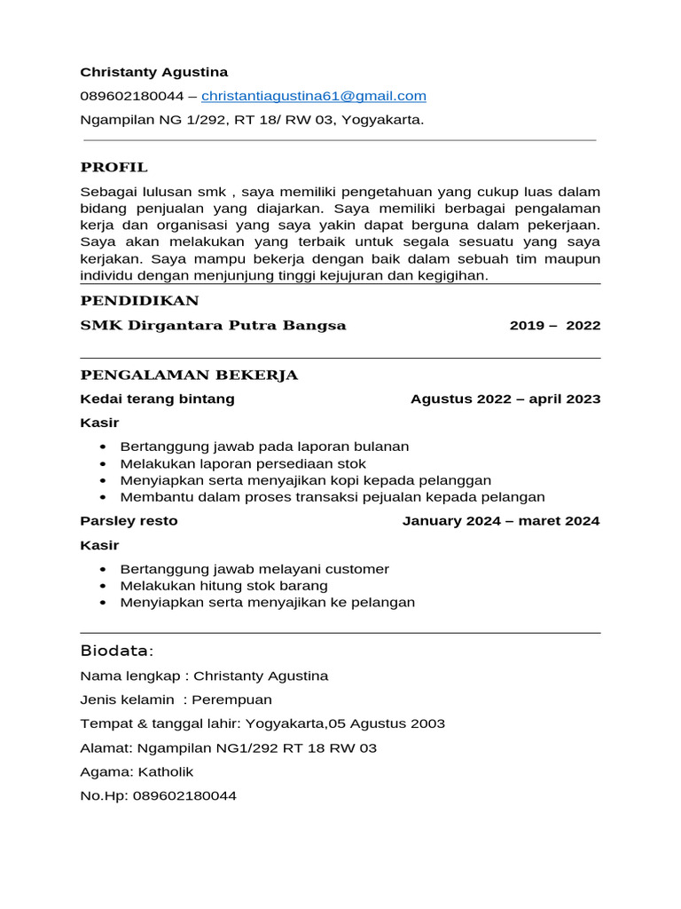 Biodata Christanty Agustina | PDF