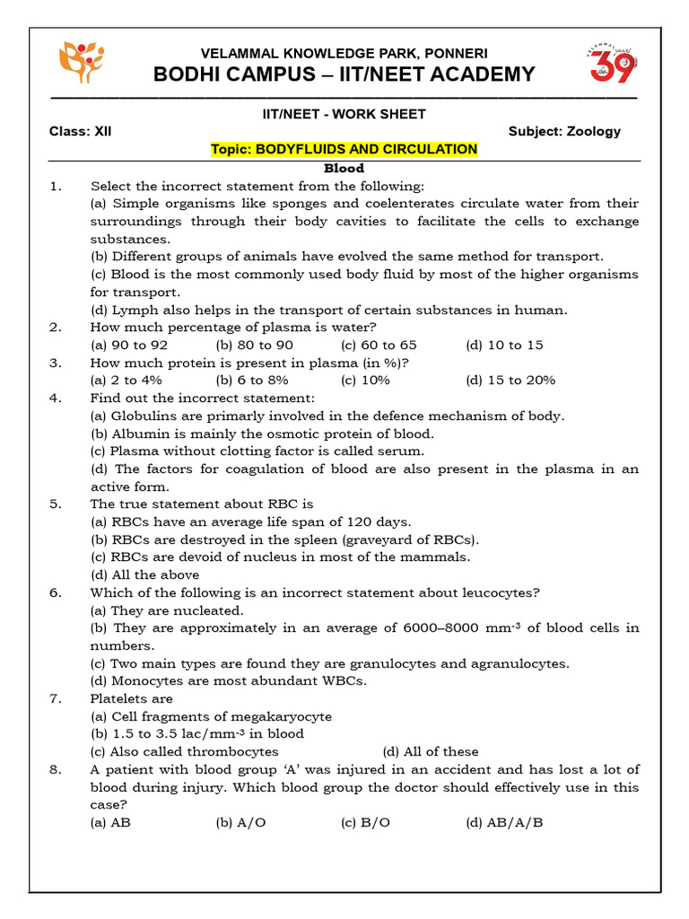 Body Fluids & Circulation - Zoology - NEET Worksheet | PDF | Heart ...