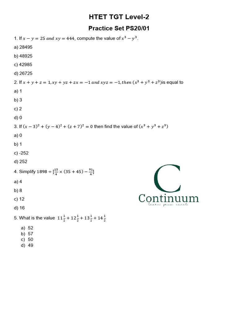 HTET TGT Maths Practice Set | PDF | Mathematical Concepts ...