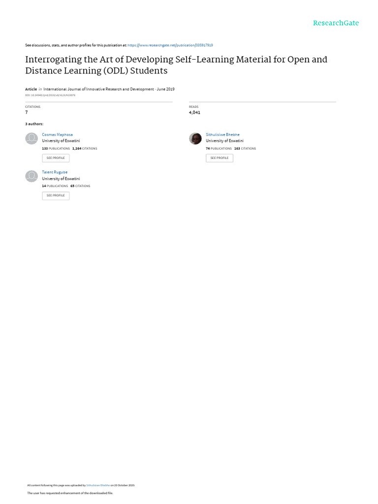 Interrogating The Art of Developing Self-Learning Material For Open and Distance Learning (ODL ...