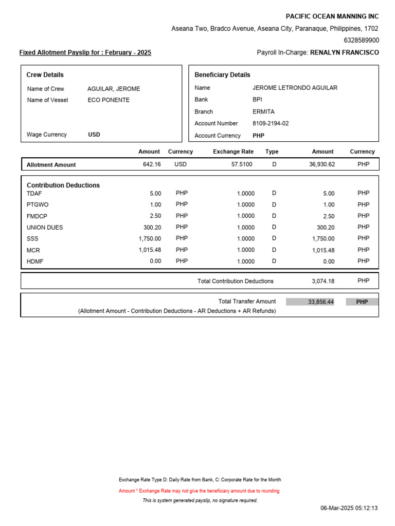 APS Payslip For Feb 2025 - PFMX00028914-1 | PDF | Paycheck | Economies