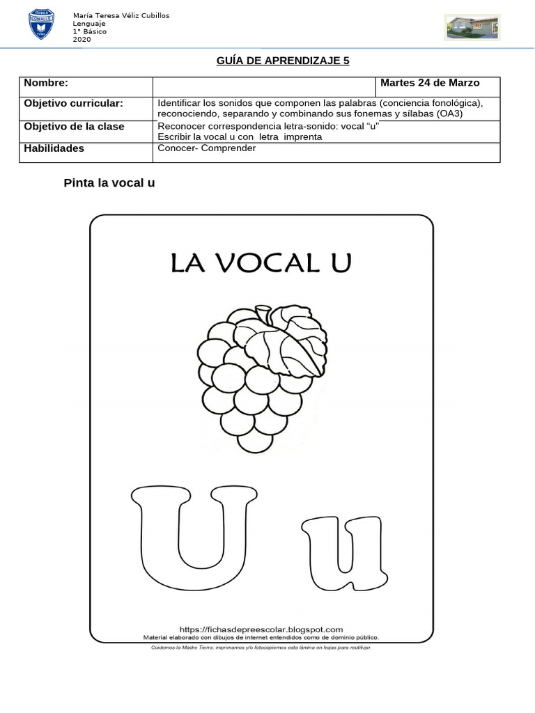Actividades para la Vocal U en 1° Básico | PDF | Vocal | Lingüística
