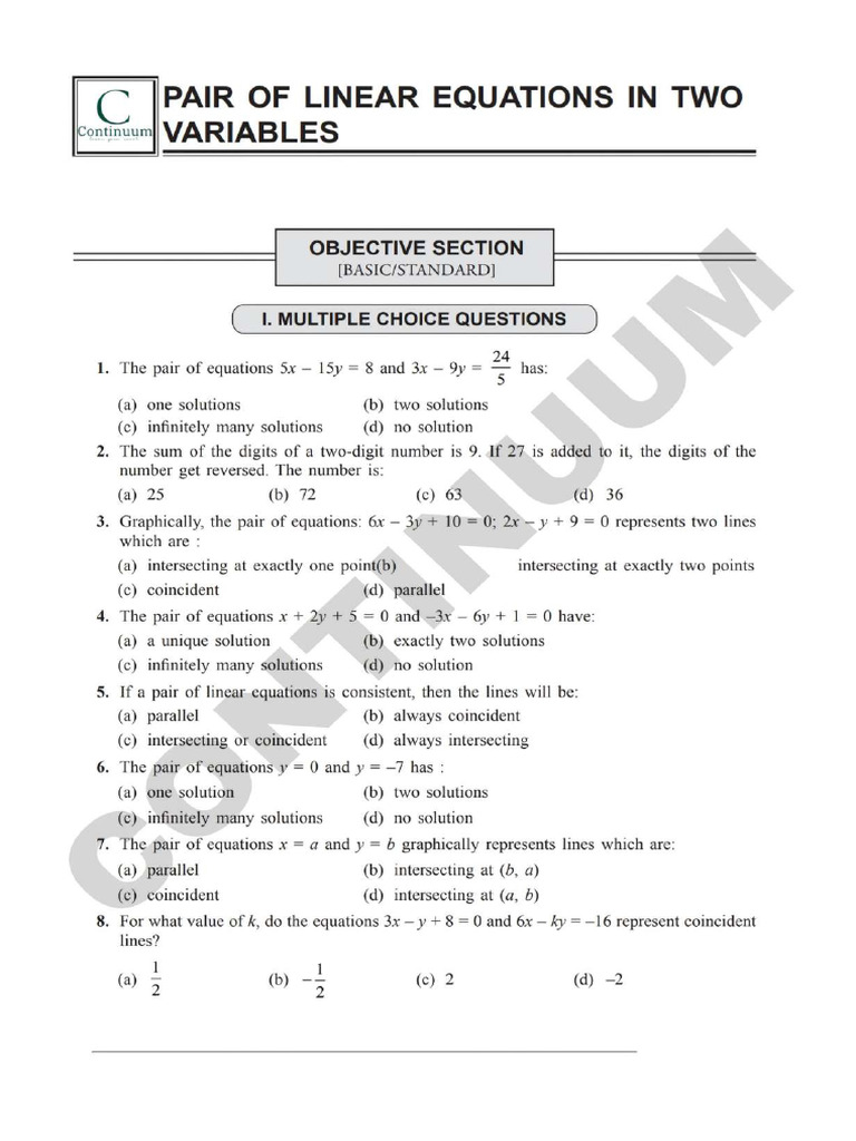 Pair of Linear Equations in Two Variables Mcqs (Part-1) | PDF