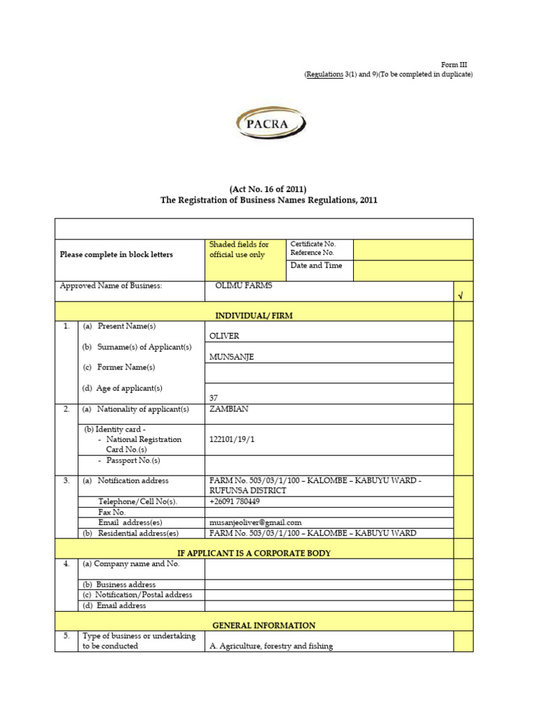 Business Name Registration Form III | PDF | Government And Personhood