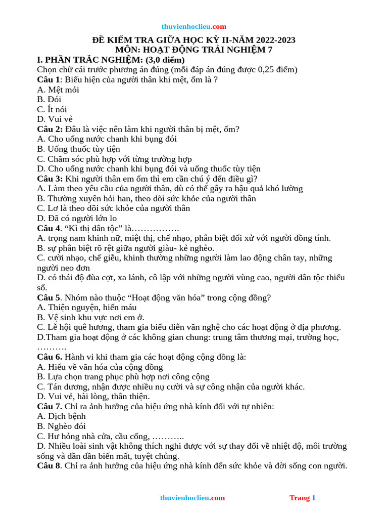 De KT Giua HK2 HDTN 7 NAM 22 23 de 2 | PDF