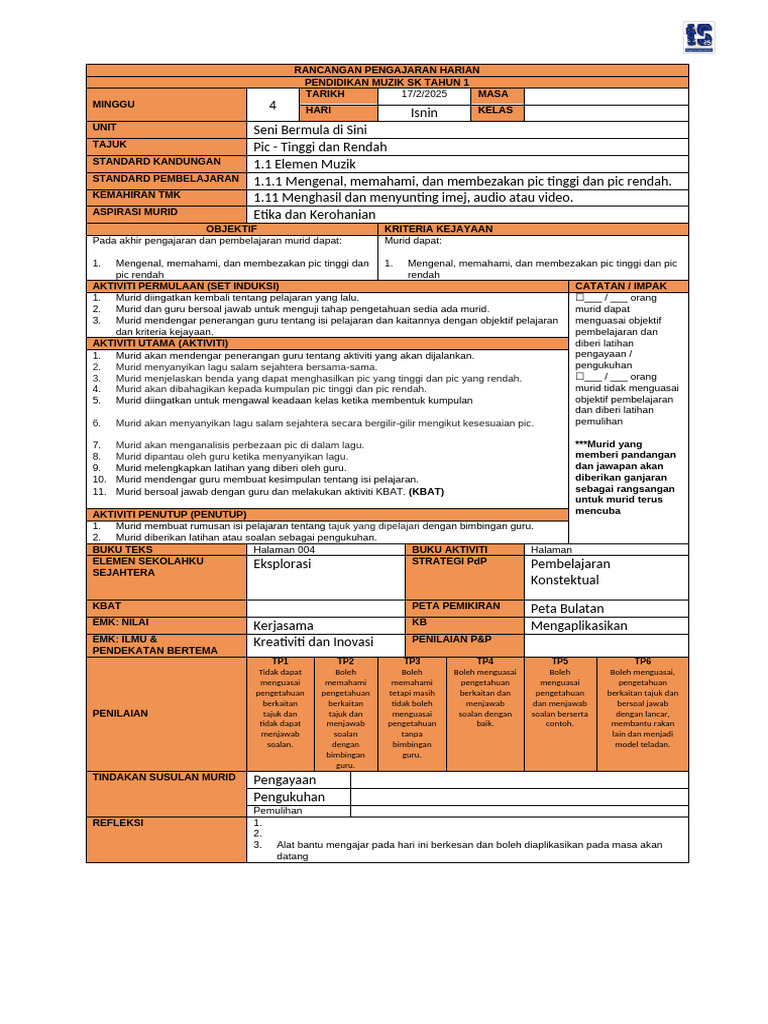 RPH MINGGU 4 PENDIDIKAN MUZIK SK THN 1 2025 BY CIKGU GORGEOUS (1) | PDF