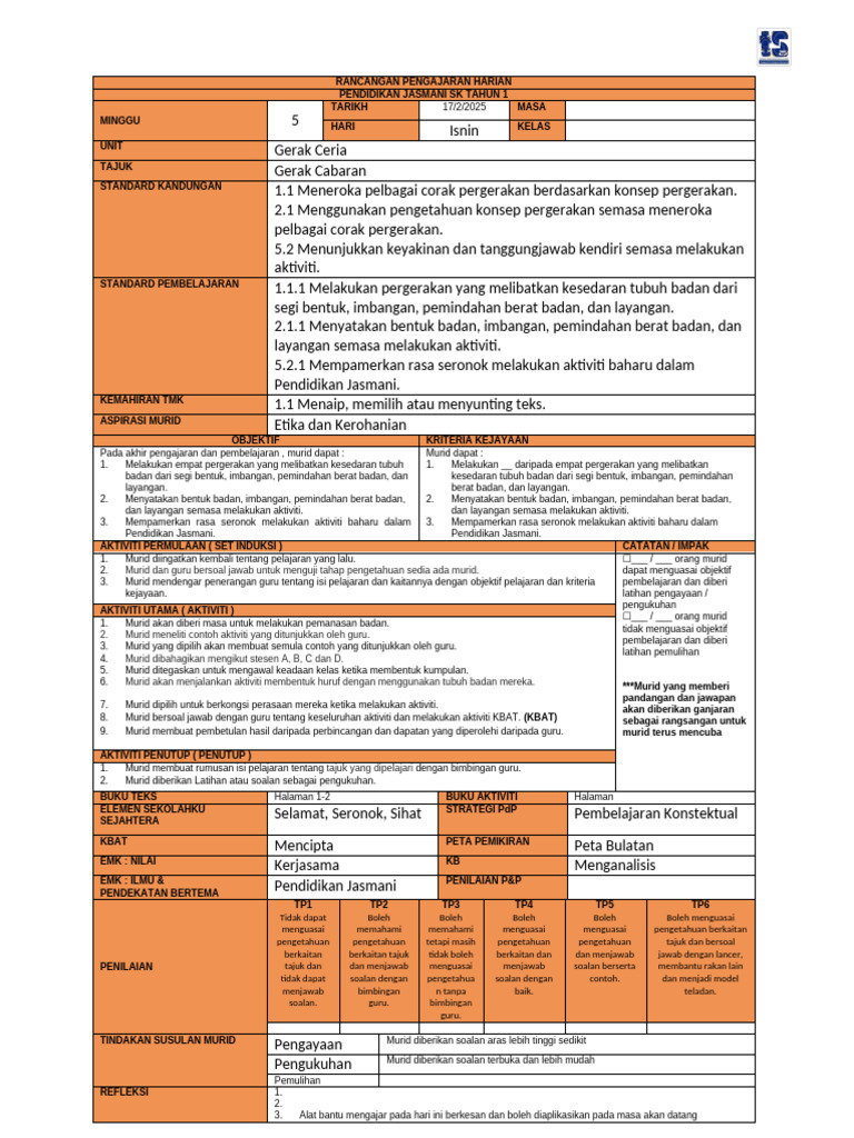 RPH Minggu 5 Pendidikan Jasmani SK THN 1 2025 by Cikgu Gorgeous | PDF