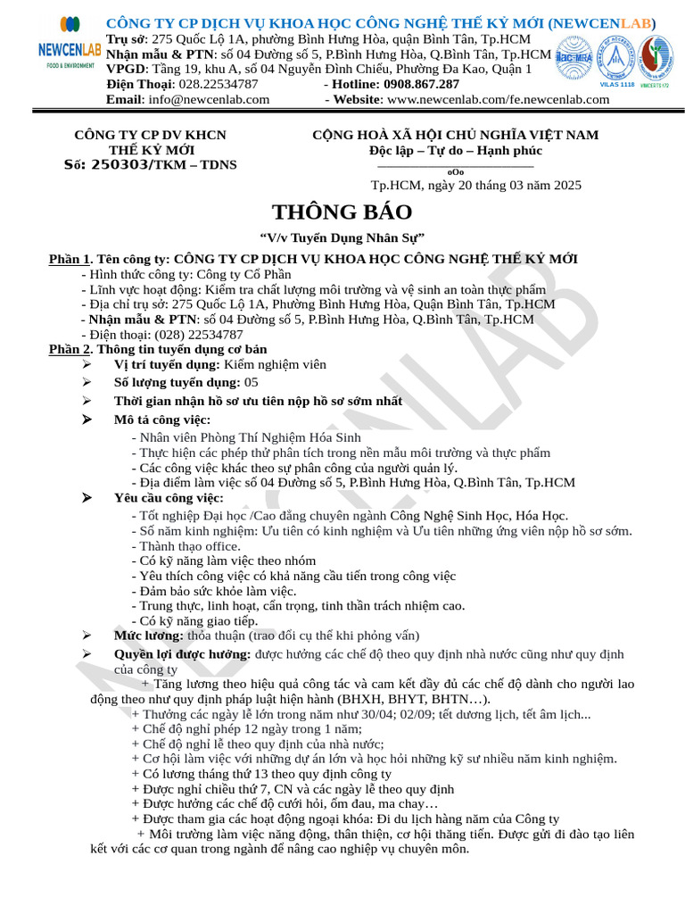 Thong Bao Tuyen Dung - TKM - PTN-2025 | PDF