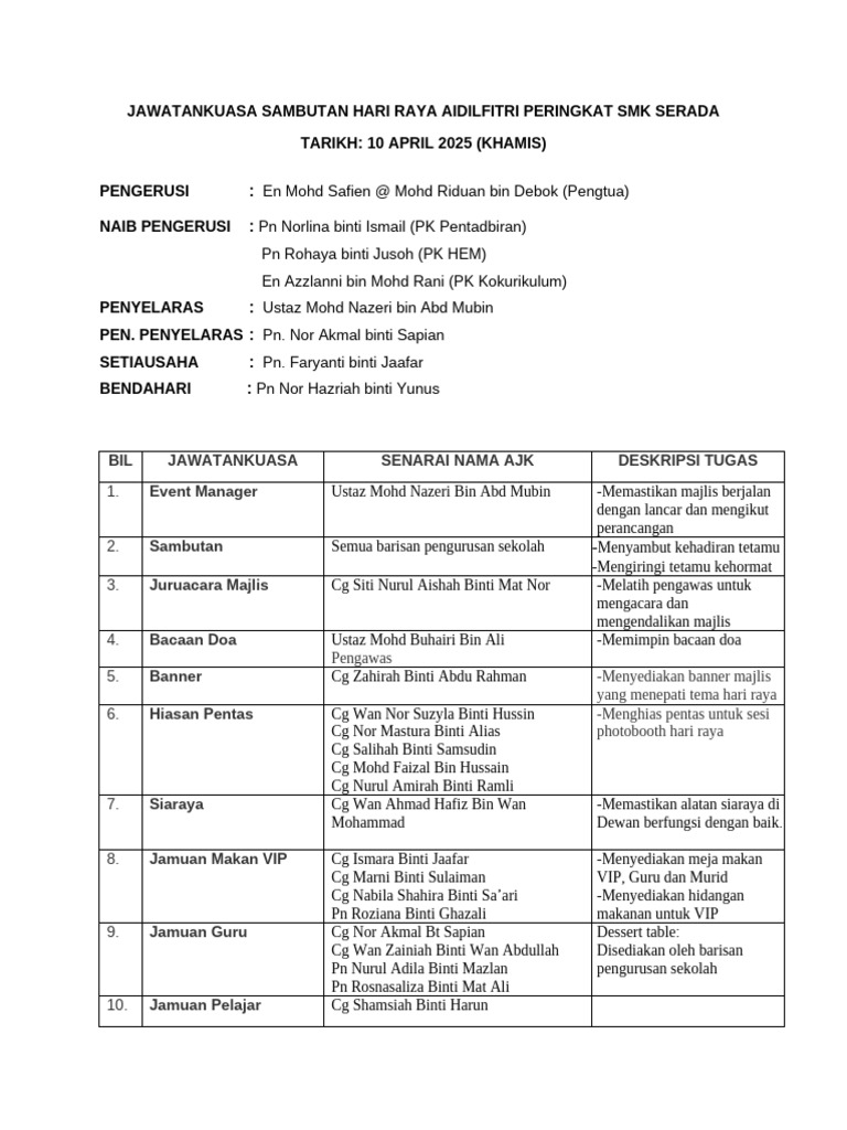 Jawatan Kuasa Sambutan Aidilftri Smk Serada 2025 | PDF