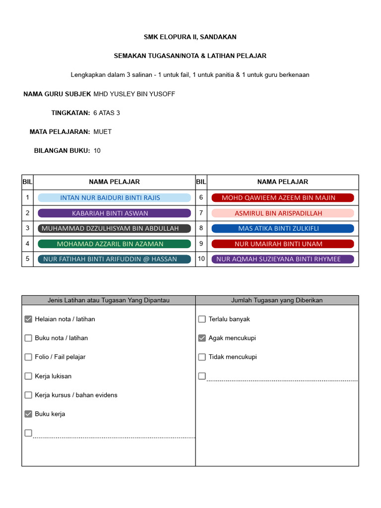 Semakan Tugasan - Nota & Latihan Pelajar - Penilaian I | PDF