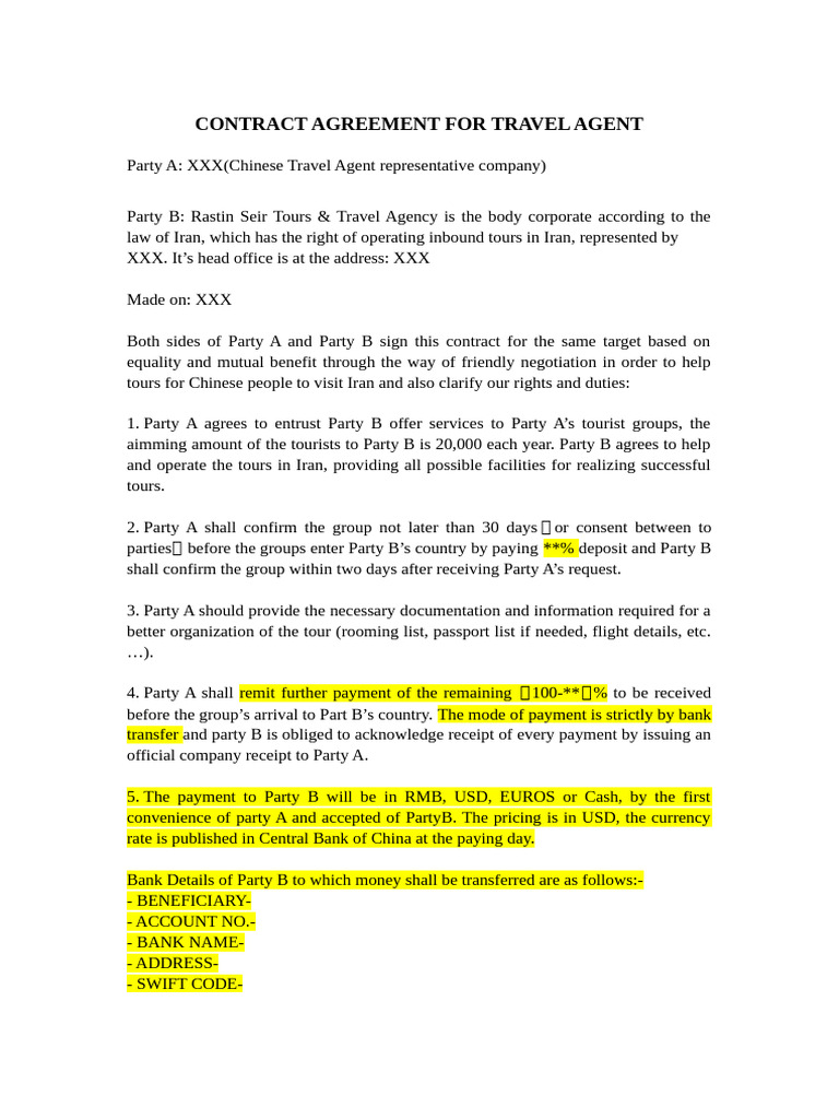 Travel Agent Contract for Iran Tours | PDF | Receipt | Payments