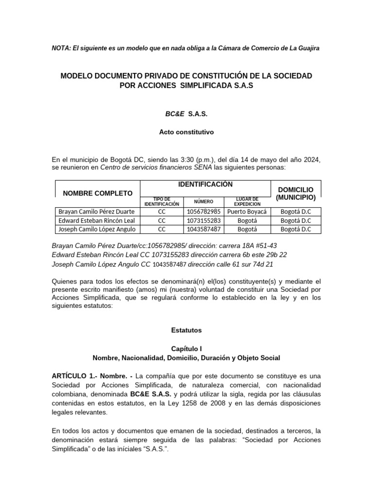 Acta de Constitucion Sas | PDF | Compartir (Finanzas) | Dividendo
