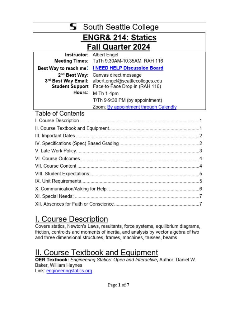2024 Q4 Syllabus ENGR& 214 Fall 2024 | PDF | Force | Mechanics