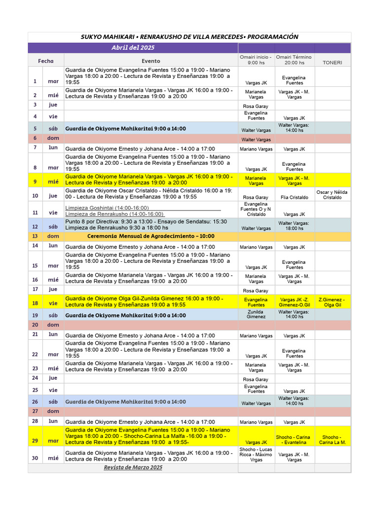 Abril - Renrakusho de Villa Mercedes - Programación Mensual | PDF