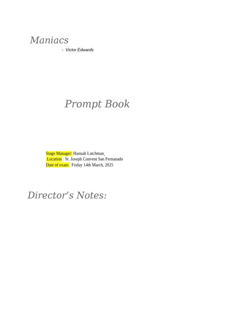 Prompt Book Sample For Theatre | PDF