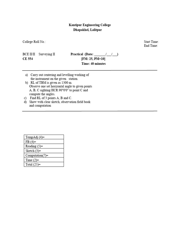 Survey Practical Question II (2075) | PDF | Surveying | Geometric Measurement