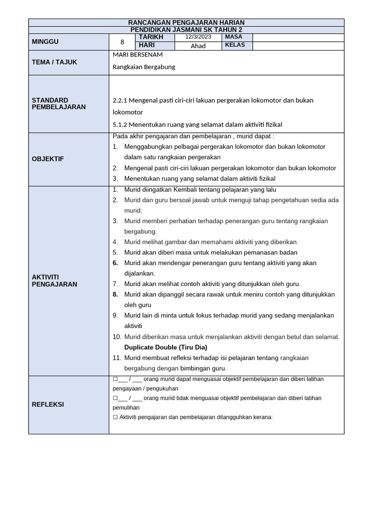 RPH Ringkas Minggu 8 PJ THN 2 by Cikgu Gorgeous | PDF