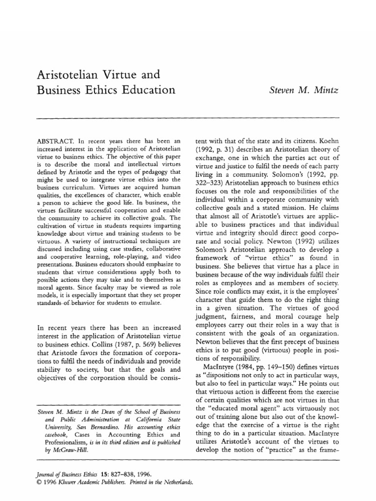 Aristotelian Virtue and Business Ethics | PDF | Virtue | Ancient Greek ...