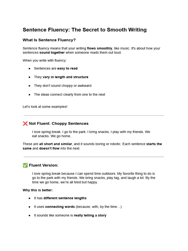 Sentence Fluency - The Secret to Smooth Writing | PDF | Fluency