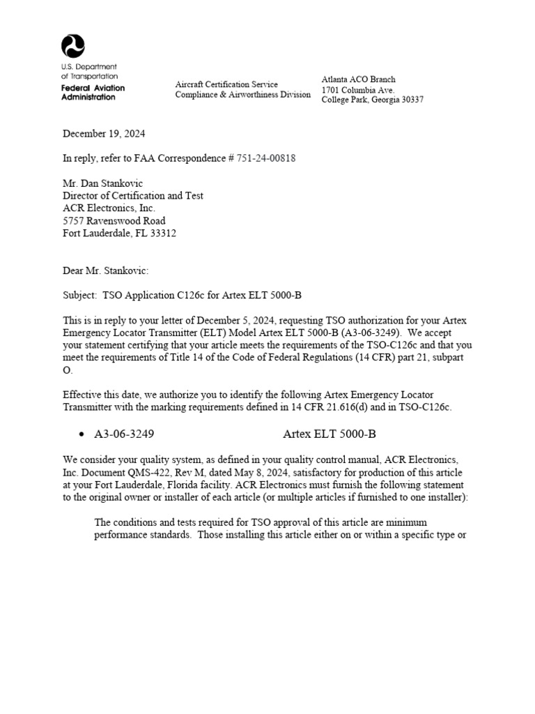 TSO C126c - ELT 5000-B Approval Letter | PDF | Aviation