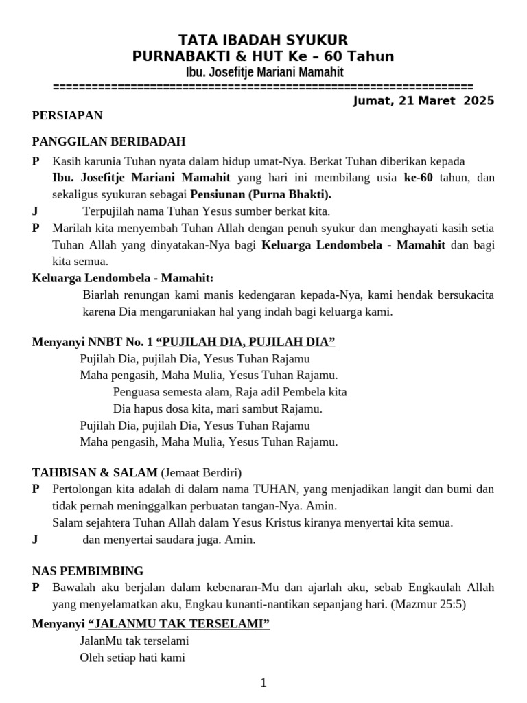 Tata Ibadah Syukur Purna Bakti Dan Hut | PDF