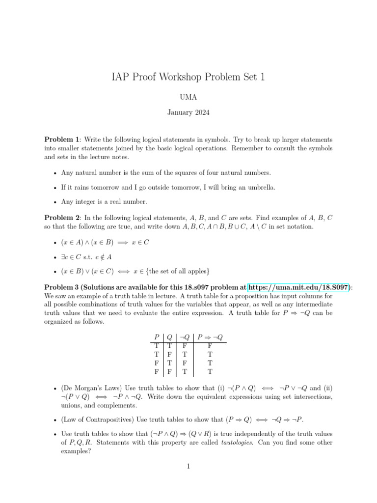 UMA Workshop 1 Problem Set | PDF | Mathematics | Metalogic