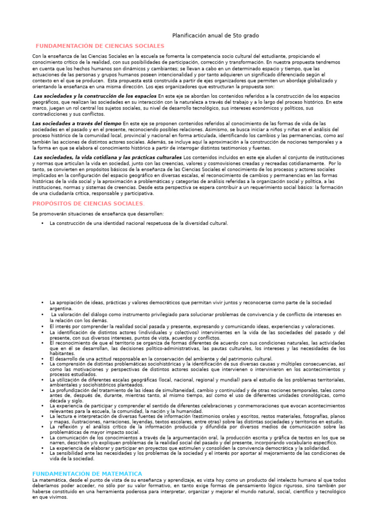 Planificacion 5to Grado 2024 | PDF | Sociedad | Conocimiento