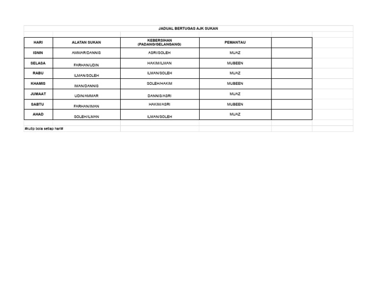 Jadual Bertugas AJK EXCO 2024 - Sukan | PDF